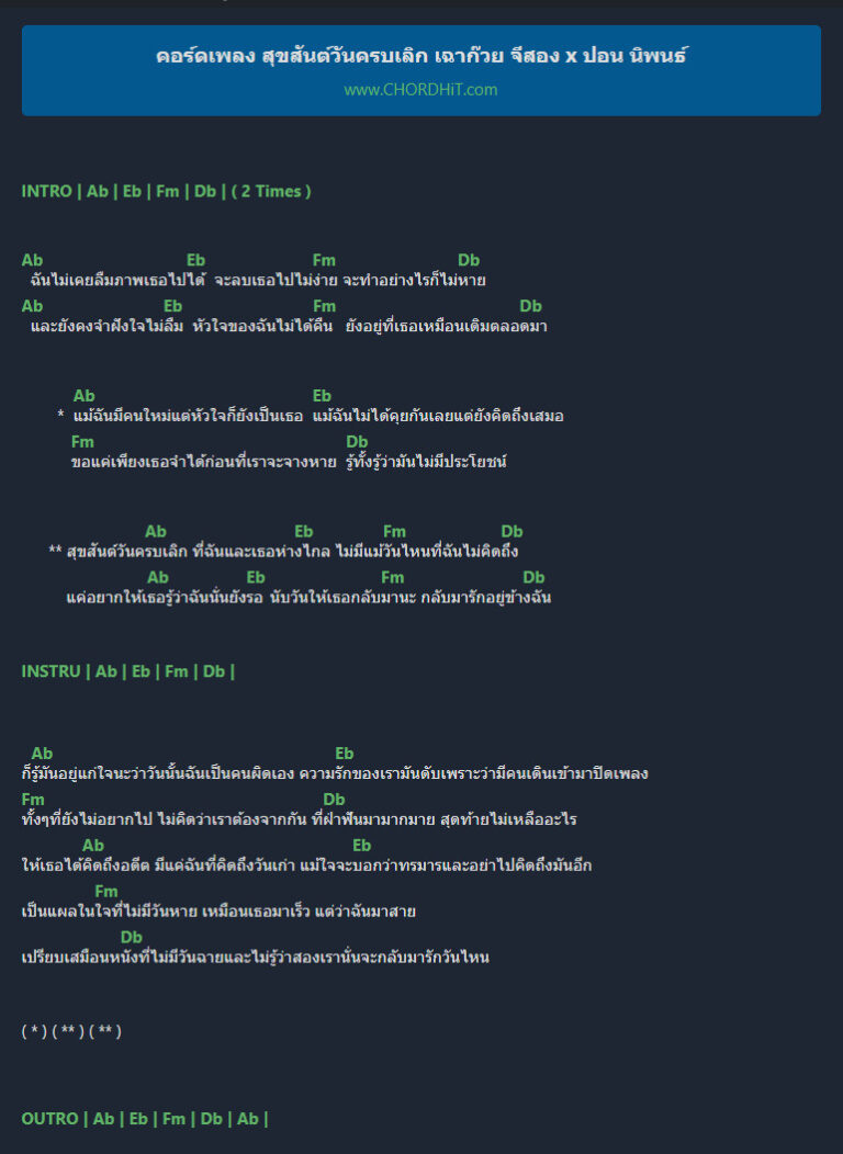 คอร์ดเพลง สุขสันต์วันครบเลิก เฉาก๊วย จีสอง x ปอน นิพนธ์ - chordhit.com